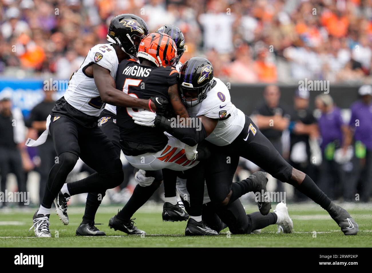 Cincinnati Bengals wide receiver Tee Higgins (5) is tackled by ...