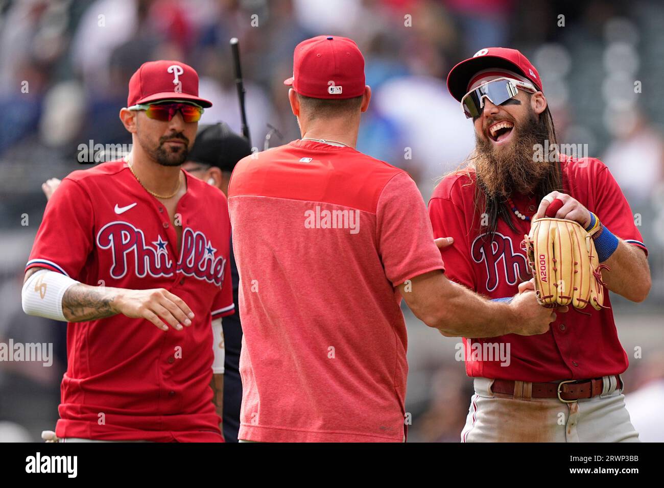 Philadelphia Phillies' Nick Castellanos, left, and Brandon Marsh, right ...