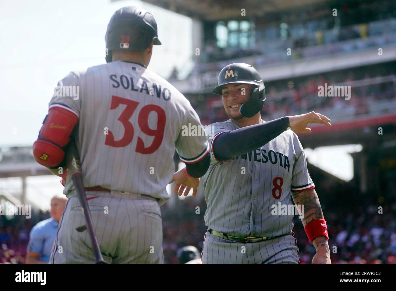 Minnesota Twins' Christian Vazquez, right, celebrates with teammate ...