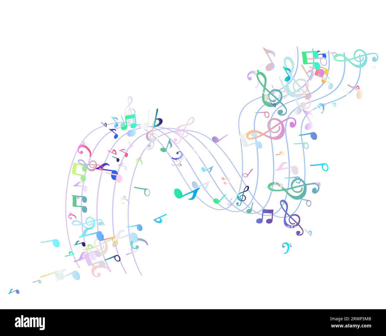 Flow of flying color notes on stave. Musical symbols for banner of ...