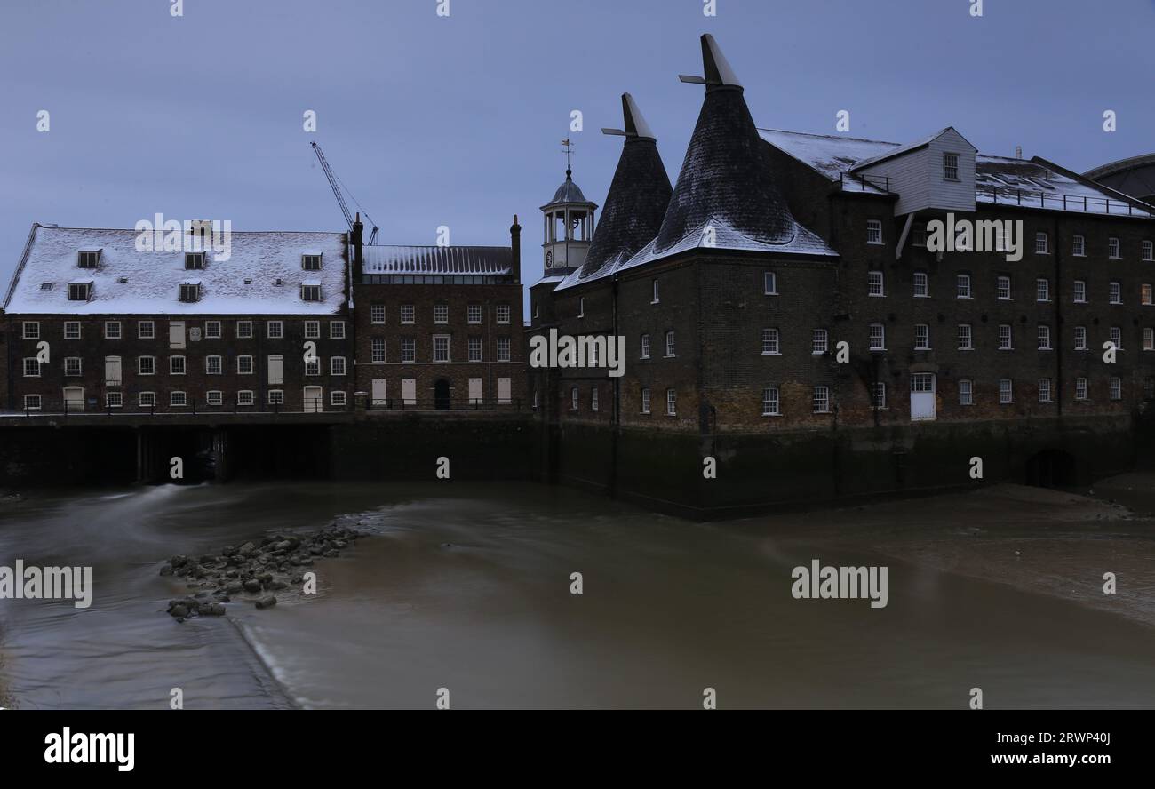 amazing winter scene of three mills london Stock Photo - Alamy