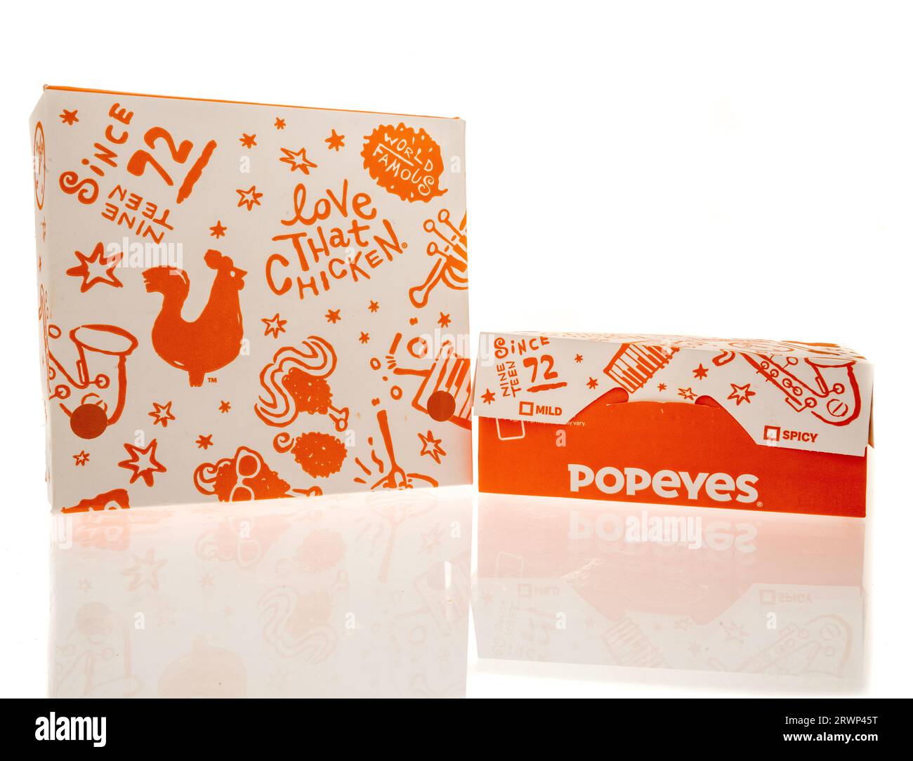 Winneconne, WI - 12 August 2023: A package of Popeyes chicken boxes on an isolated background ...