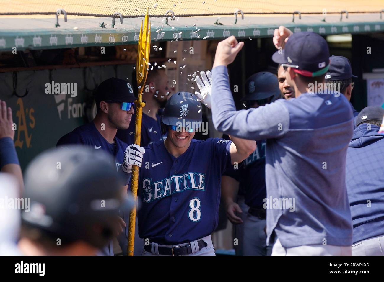 Seattle Mariners' Dominic Canzone (8) is congratulated by teammates ...