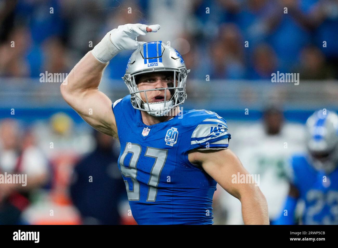 Detroit Lions defensive end Aidan Hutchinson (97) reacts against the ...