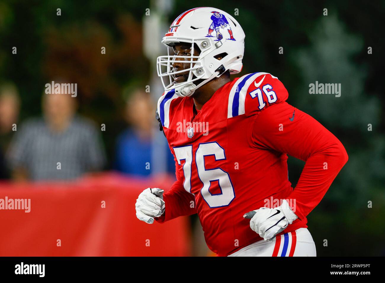 New England Patriots offensive tackle Calvin Anderson (76) reacts ...
