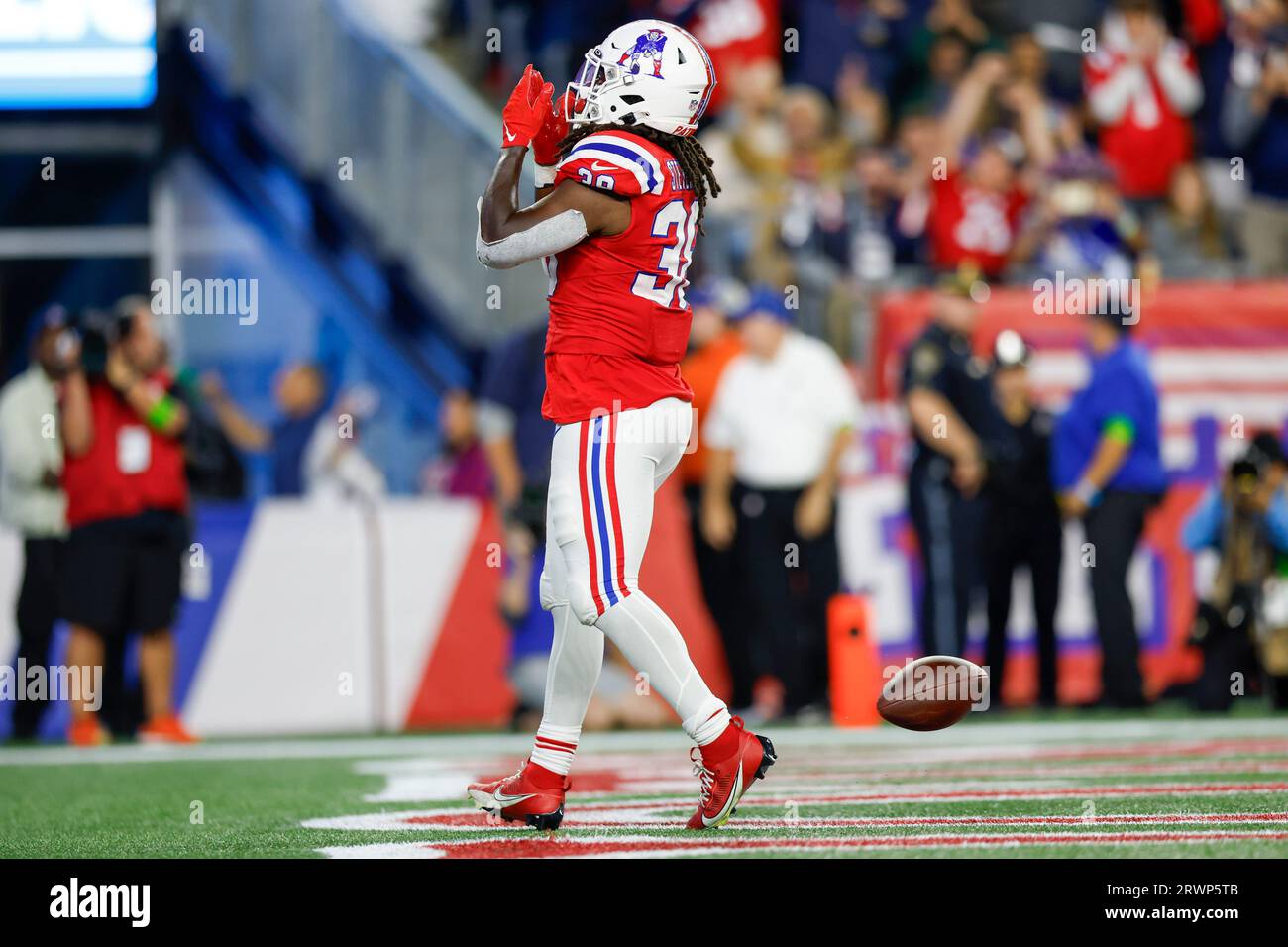 New England Patriots running back Rhamondre Stevenson (38) reacts after ...