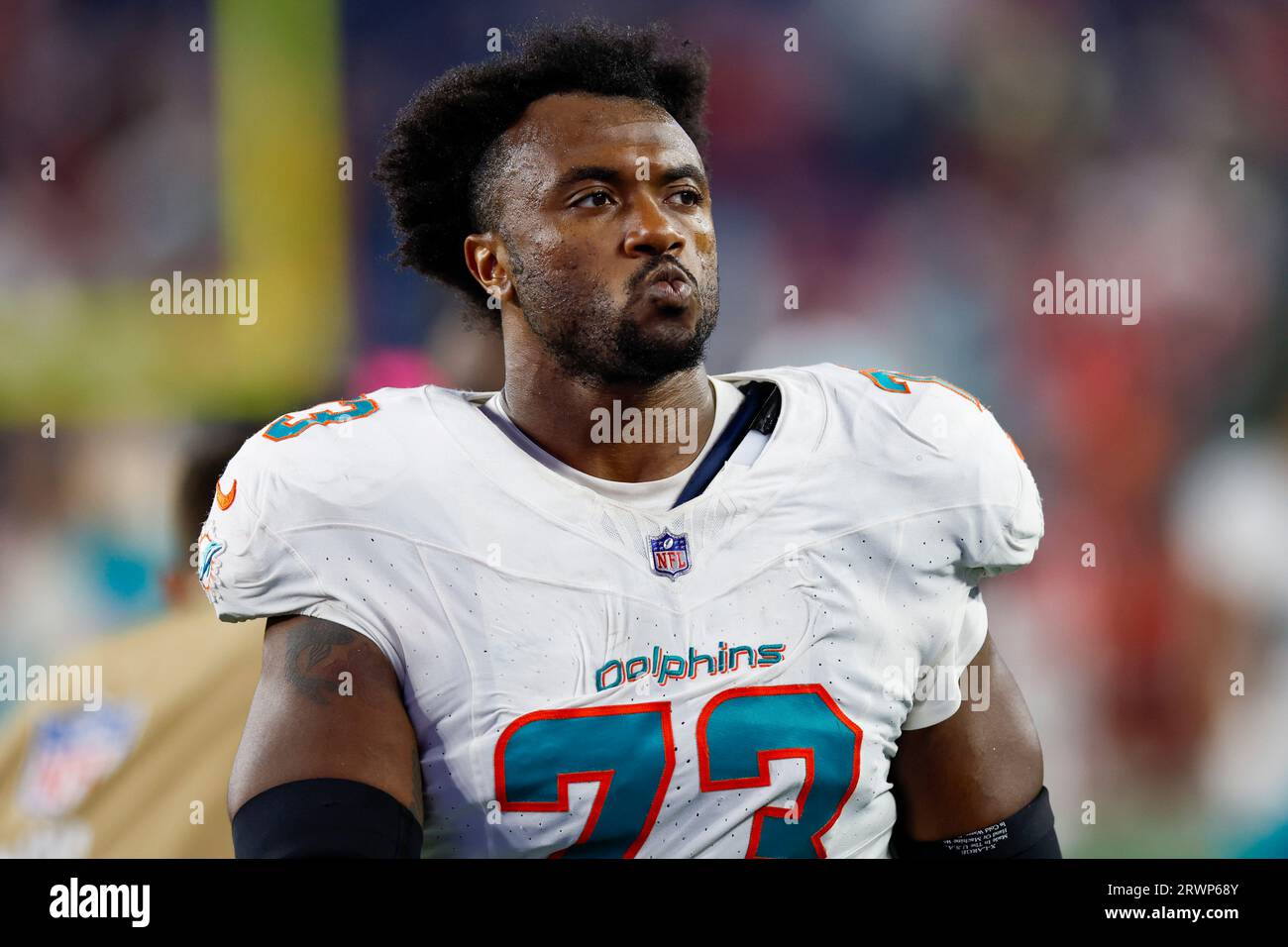 Miami Dolphins guard Austin Jackson (73) reacts after defeating the New ...