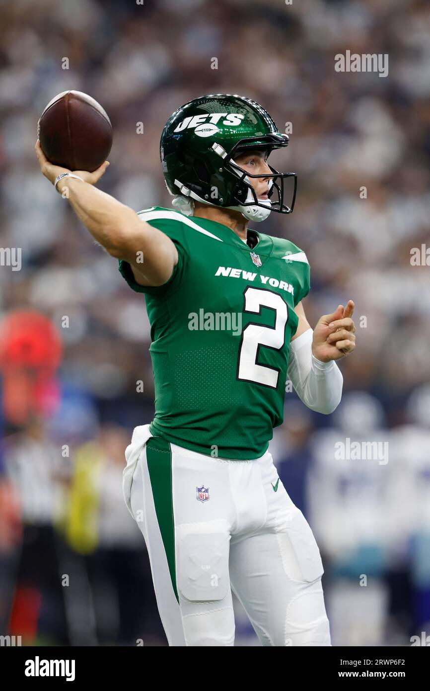 New York Jets quarterback Zach Wilson (2) looks to pass during an NFL football game against the ...