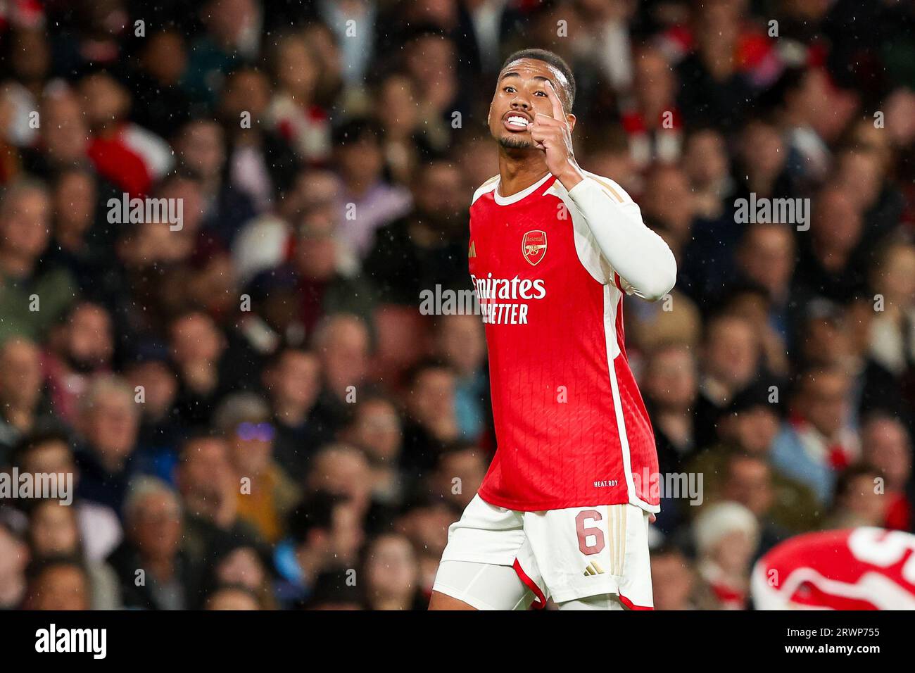 London, UK. 20th Sep, 2023. LONDON, UNITED KINGDOM - SEPTEMBER 20: Gabriel of Arsenal gestures ...