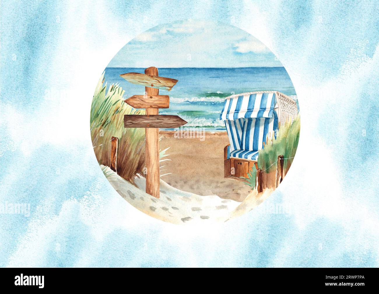 Sea card template with Baltic sea beach panorama, sand dunes, hooded ...