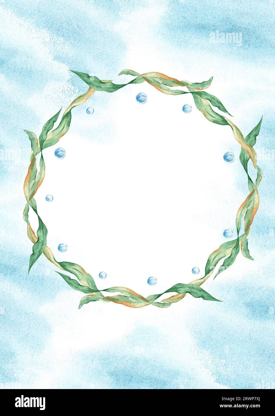 Sea card template with sea wreath, cute fish, seaweeds, seashells and ...