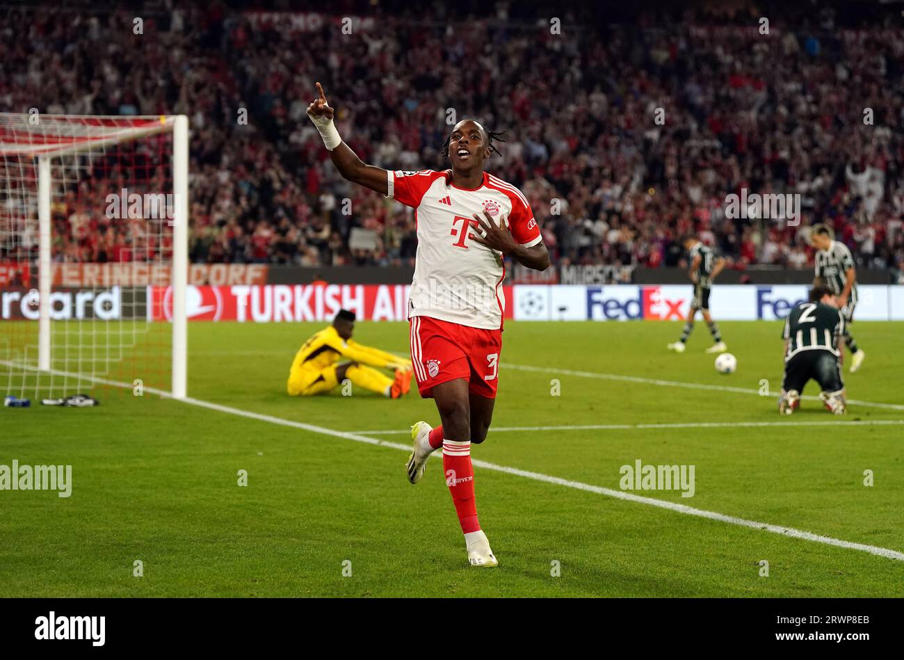 Bayern Munich's Mathys Tel celebrates scoring their side's fourth goal ...