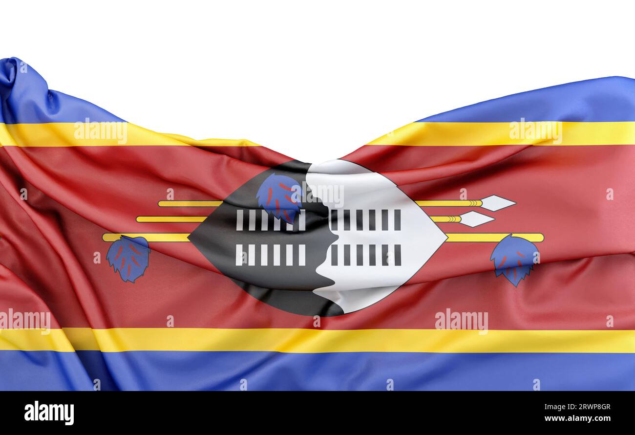 Flag of Eswatini (Swaziland) isolated on white background with copy space above. 3D rendering ...