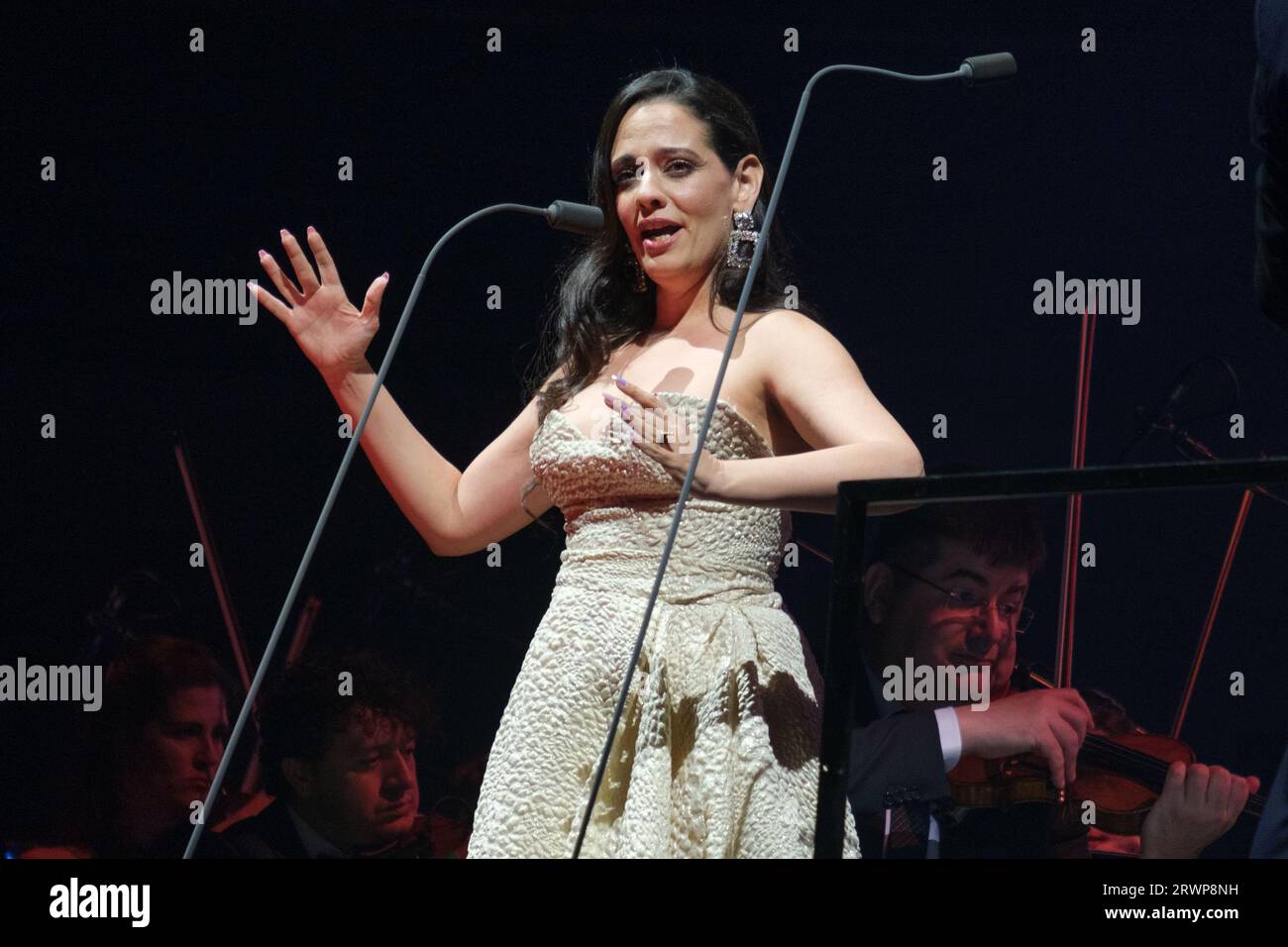 Maria Aleida during a performance at the Andrea Bocelli concert at the ...