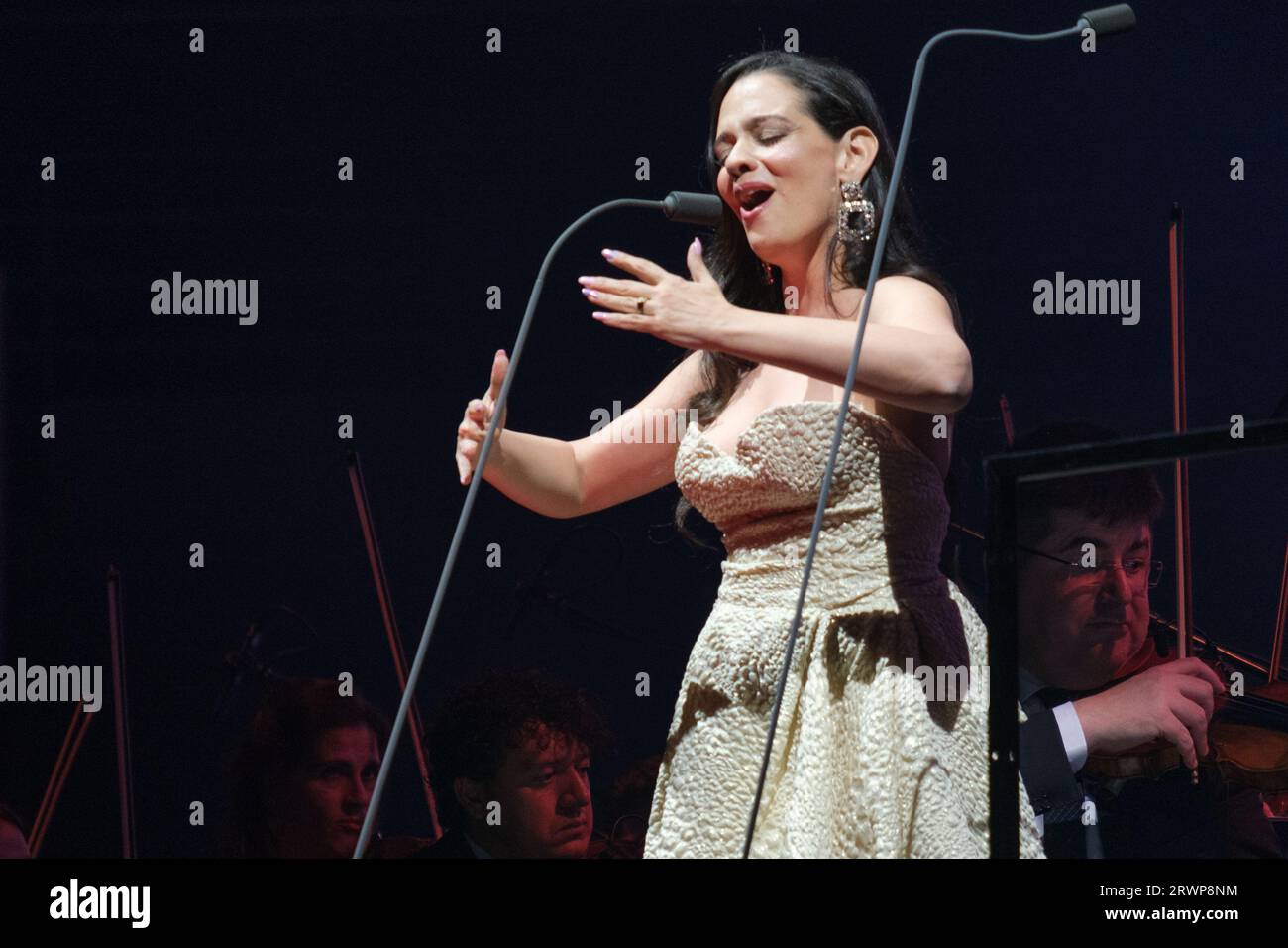 Maria Aleida during a performance at the Andrea Bocelli concert at the ...