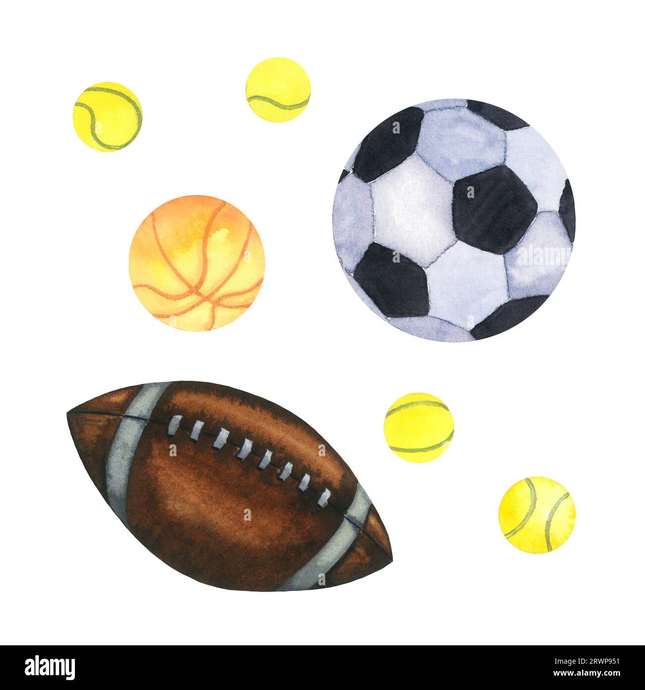Watercolor balls. American football, soccer, tennis, buscketball ball ...