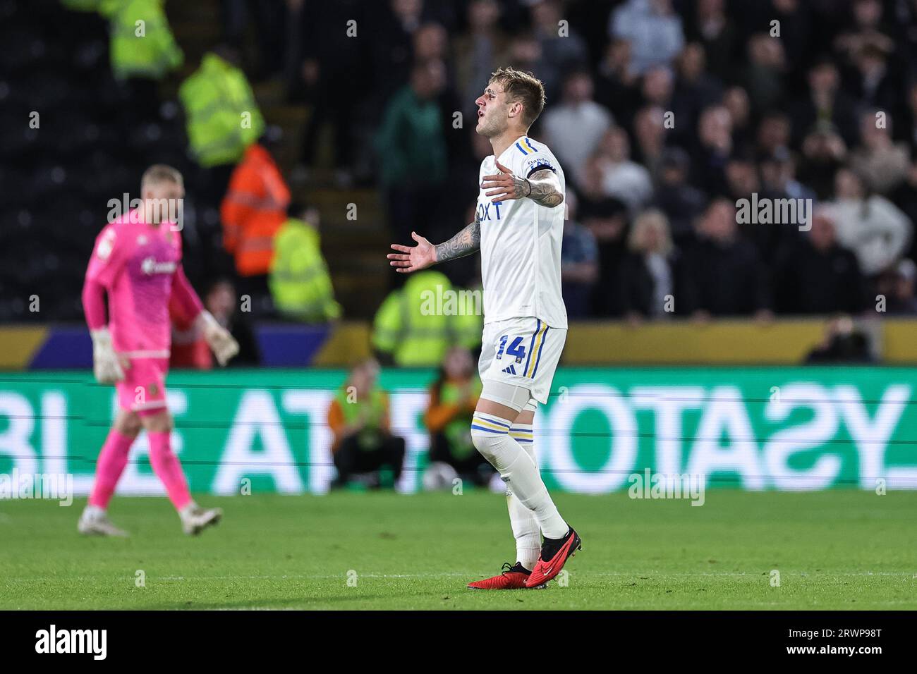 Joe Rodon #14 of Leeds United Is sent off after referee Stephen Martin ...