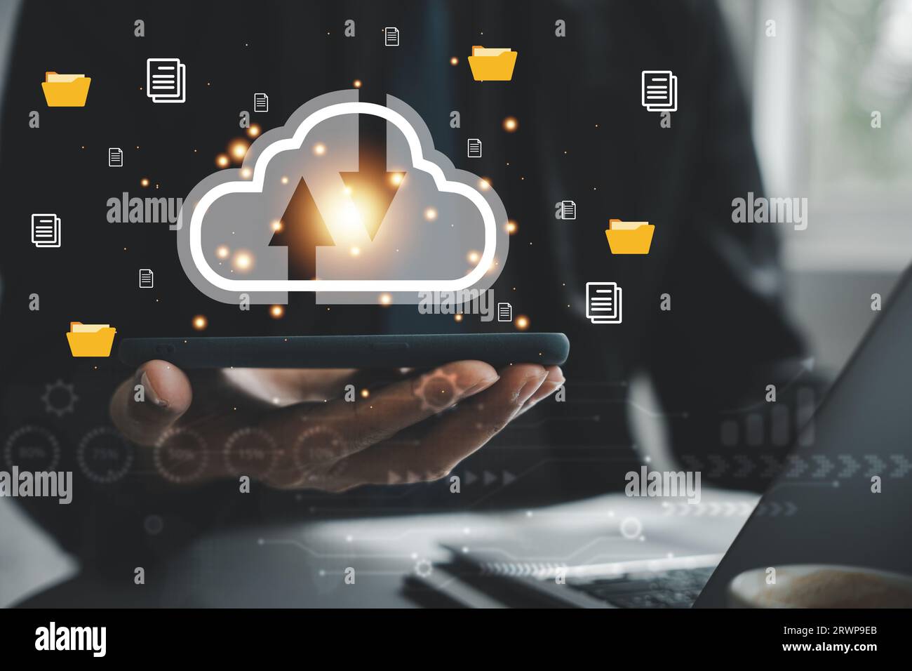 Virtual screen with cloud computing diagram displayed by a man Stock ...