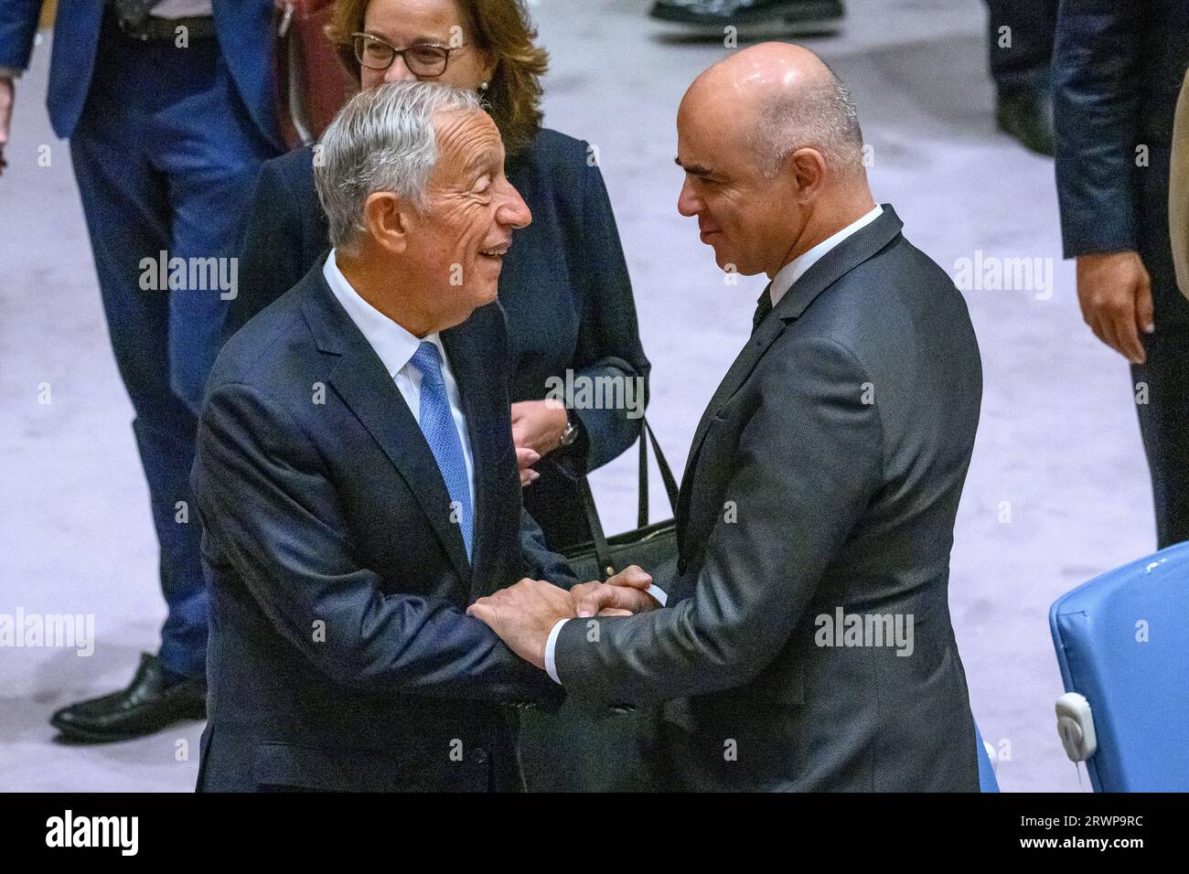 New York, USA. 20th Sep, 2023. Swiss President Alain Berset (R) greets ...