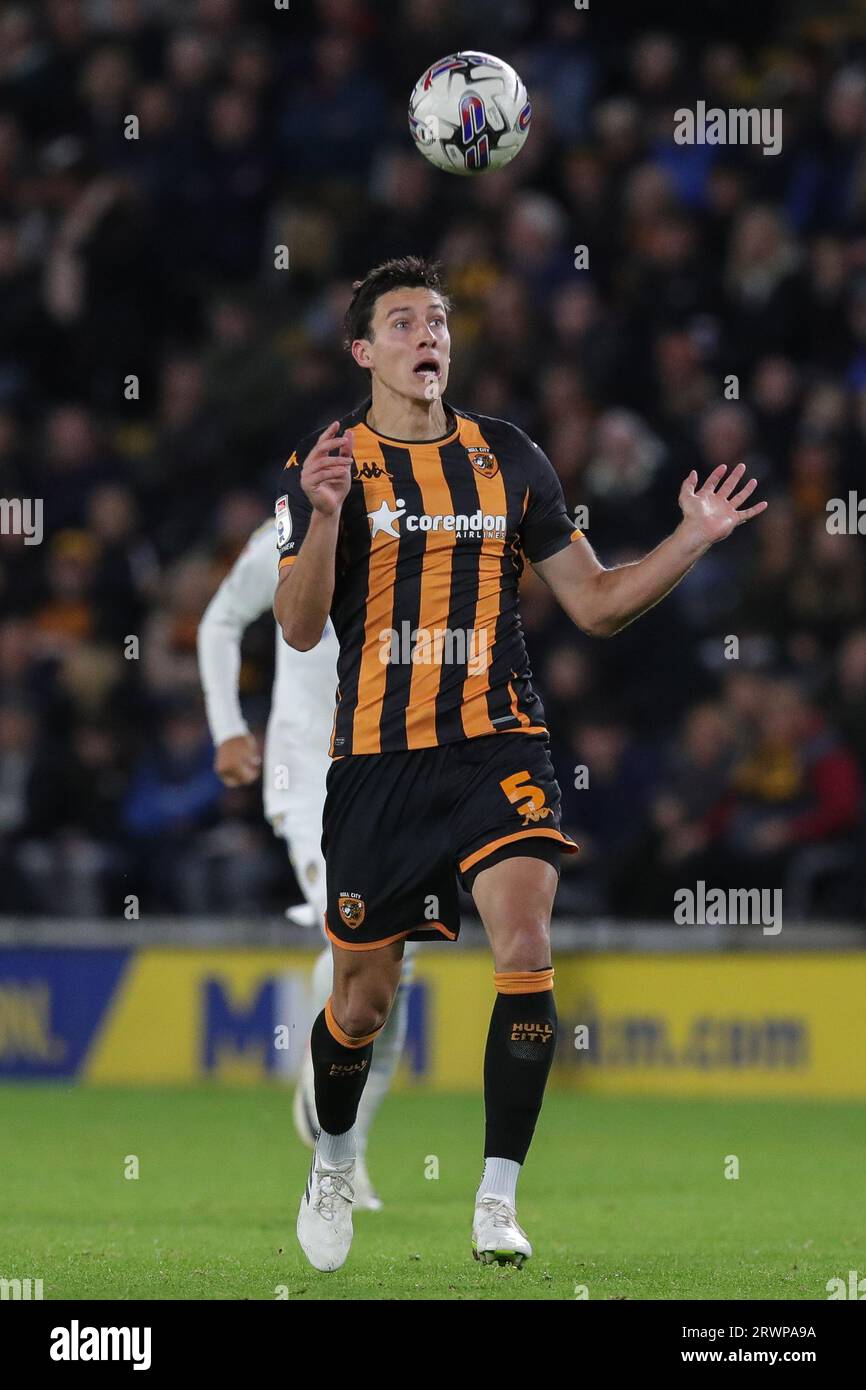 Alfie Jones #5 of Hull City heads the ball during the Sky Bet ...