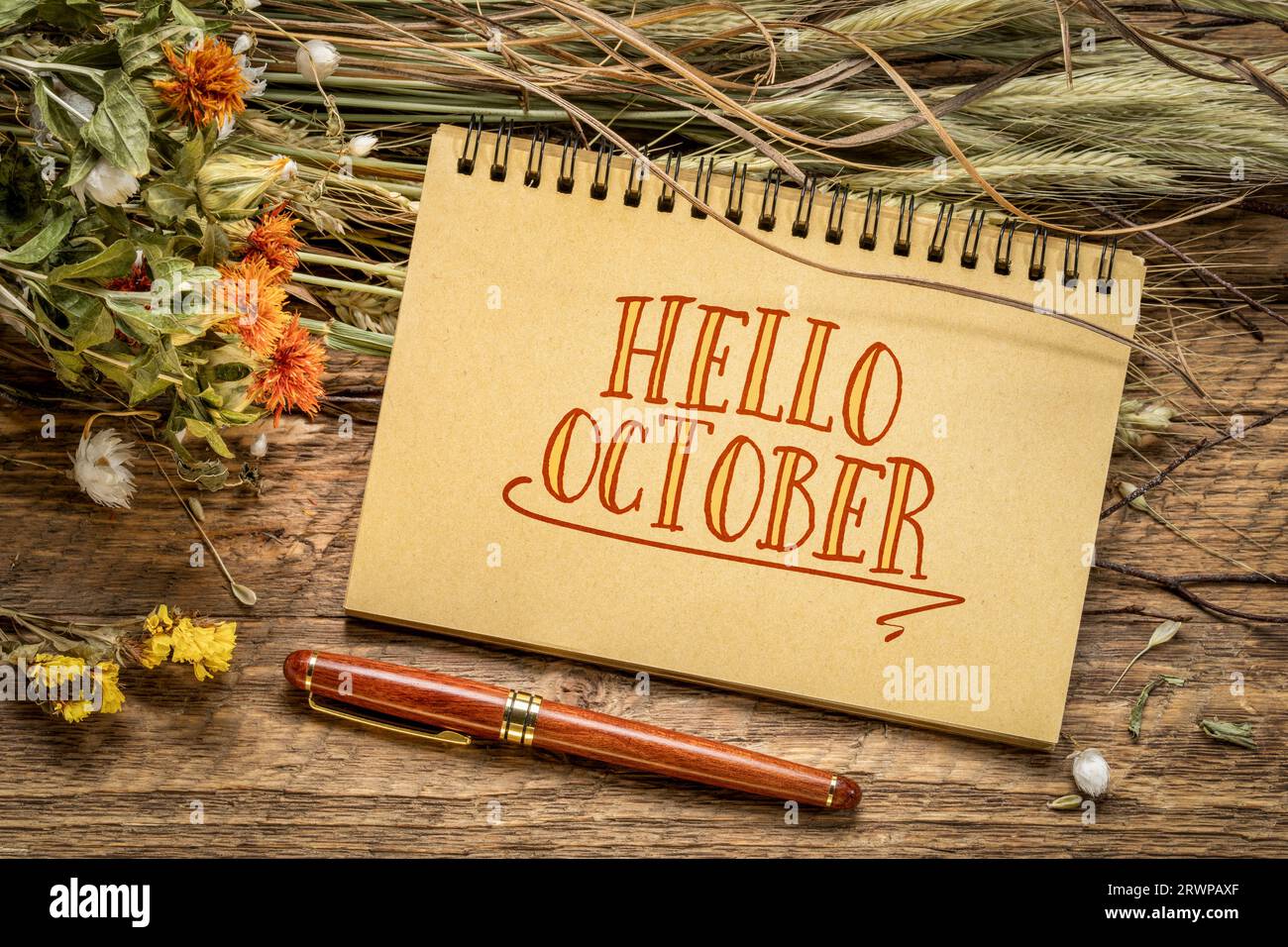 Hello October welcome note in a spiral notebook with floral bouquet of ...