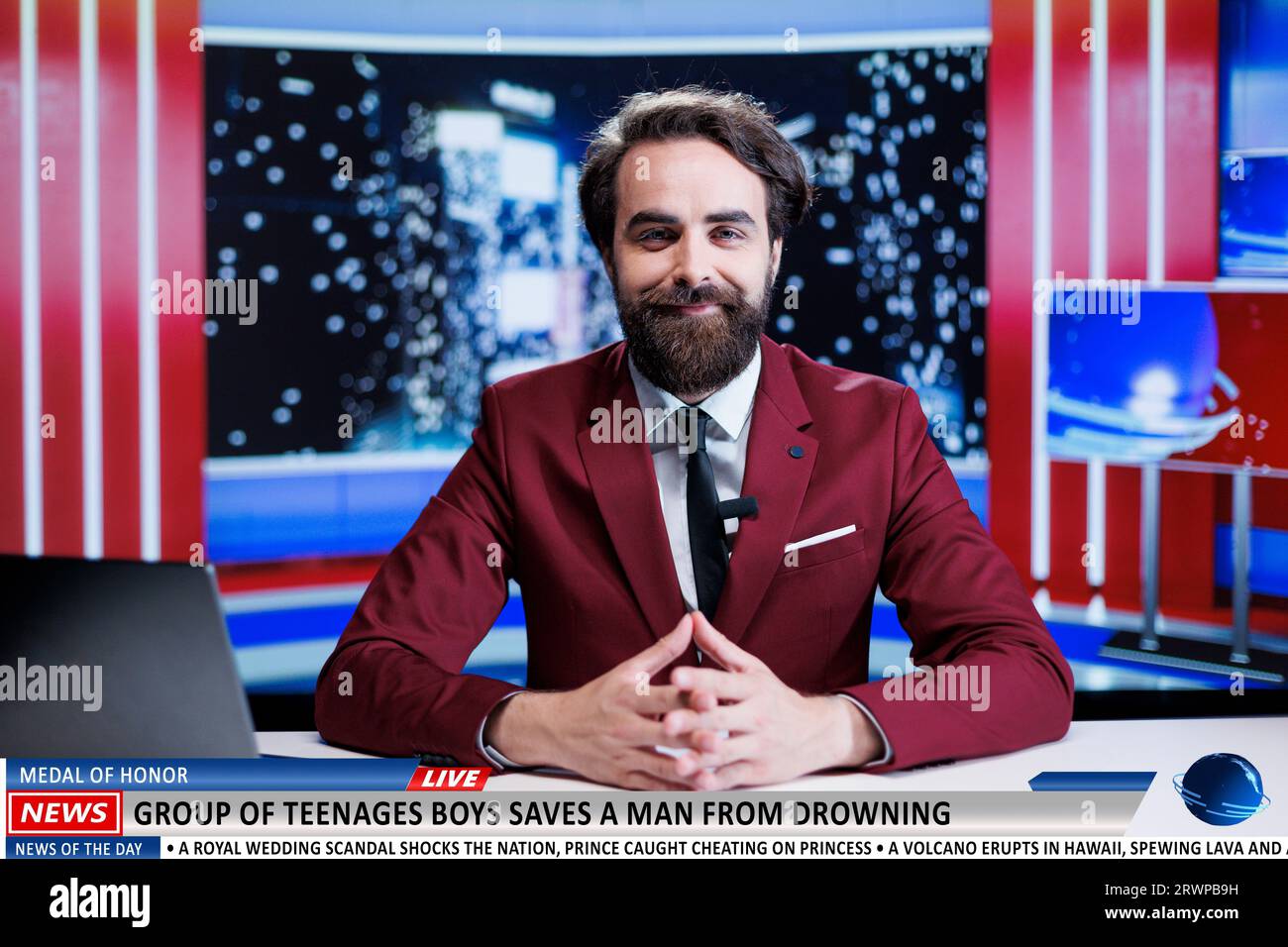 Newscaster reporting live story about teenagers saving person from ...