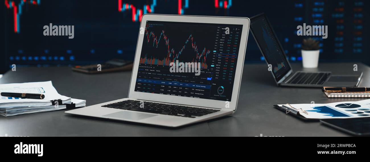 Stock market display on monitor screen for analytic stock trade ...