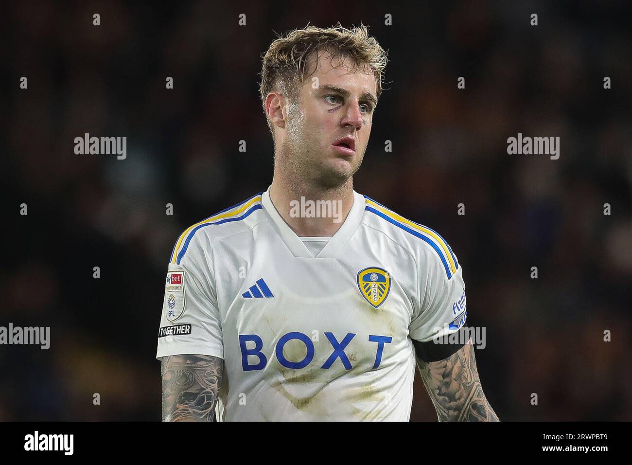 Hull, UK. 20th Sep, 2023. Joe Rodon #14 of Leeds United with marks ...