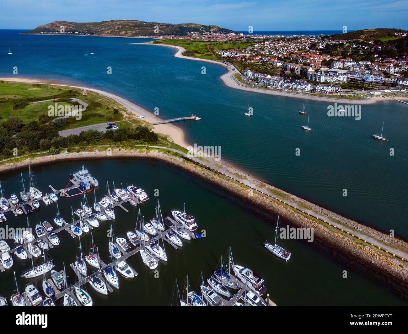 Aerial view of the estuary and marina at Conwy on the north Wales coast ...