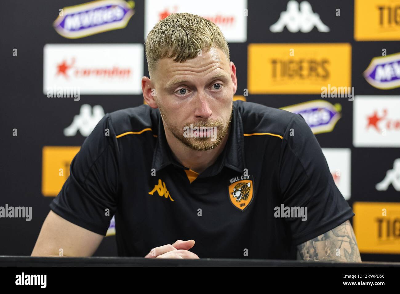Ryan Allsop #17 of Hull City speaks in the post match press conference ...
