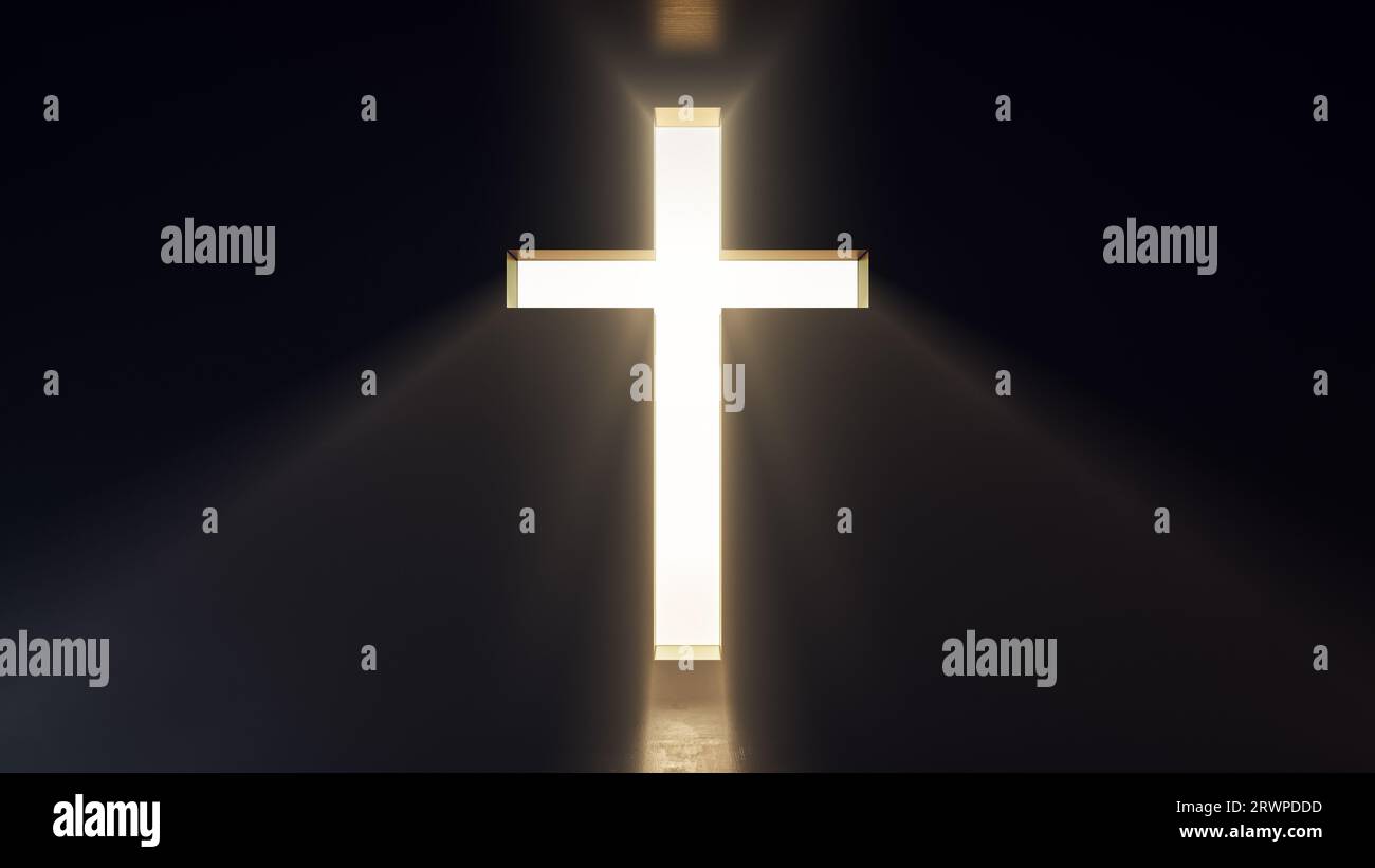 Cross shaped opening in a dark room with bright light shining through ...