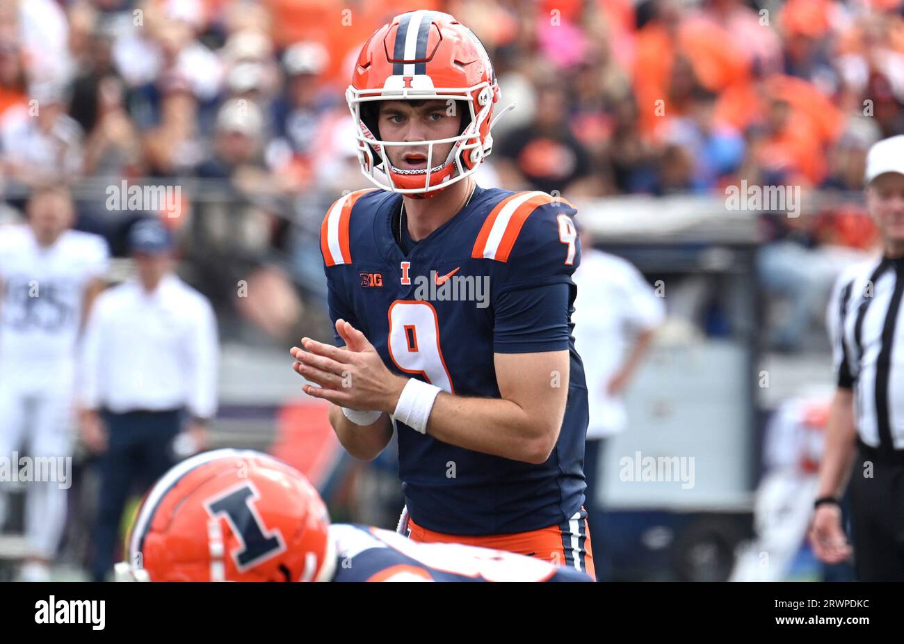 CHAMPAIGN, IL - SEPTEMBER 16: Illinois quarterback Luke Altmyer (9) as ...