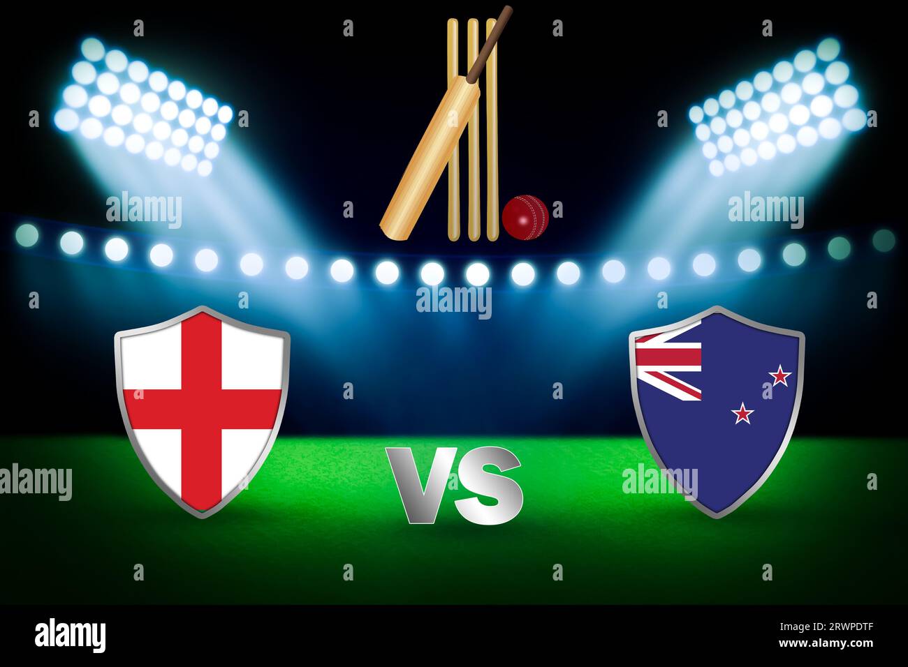 A digital render of flags of England Vs New Zealand on a cricket match ...