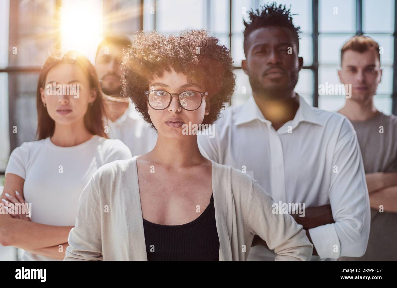 Smiling professional business leaders and employees group team portrait ...