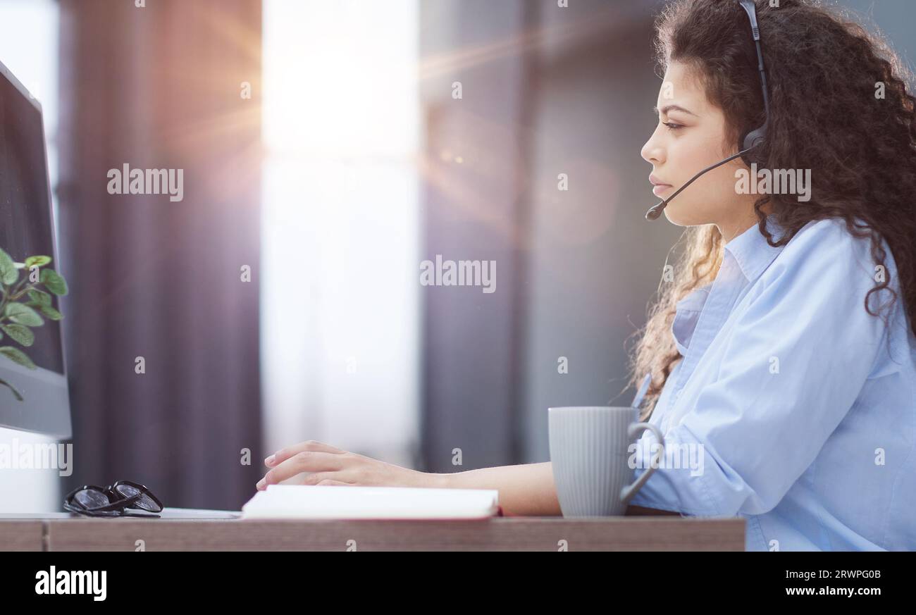 Profile side view portrait of attractive confident girl coding writing ...