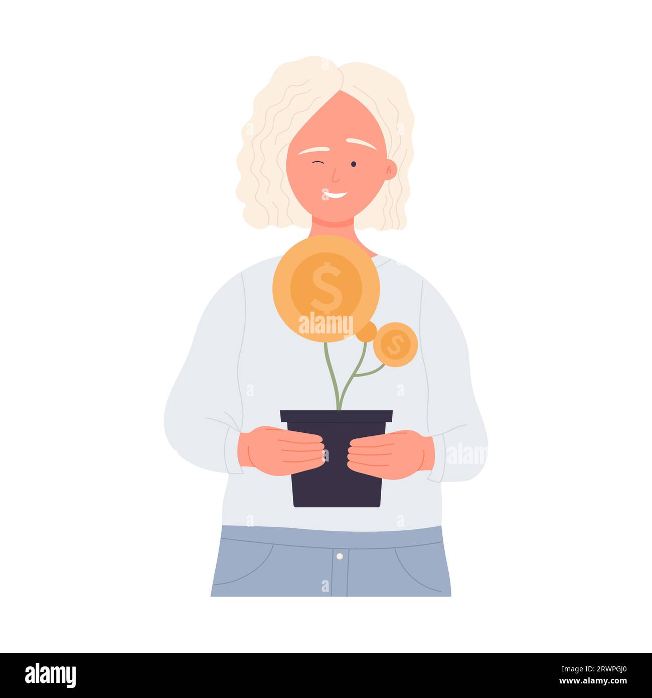 Happy woman holding money pot plant. Investment profit growth cartoon ...