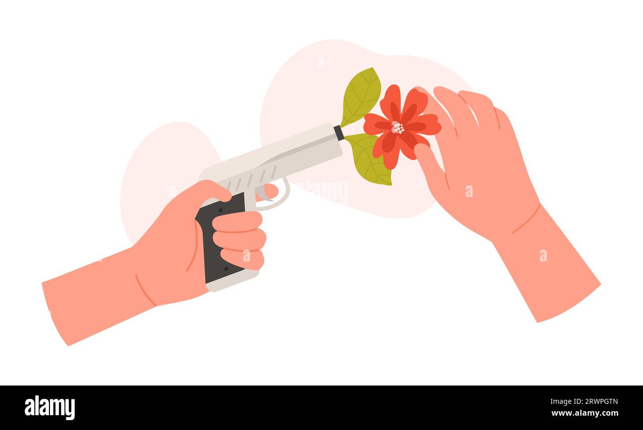 Gun shooting blossoming flower. Weapon with flower spreading love and ...