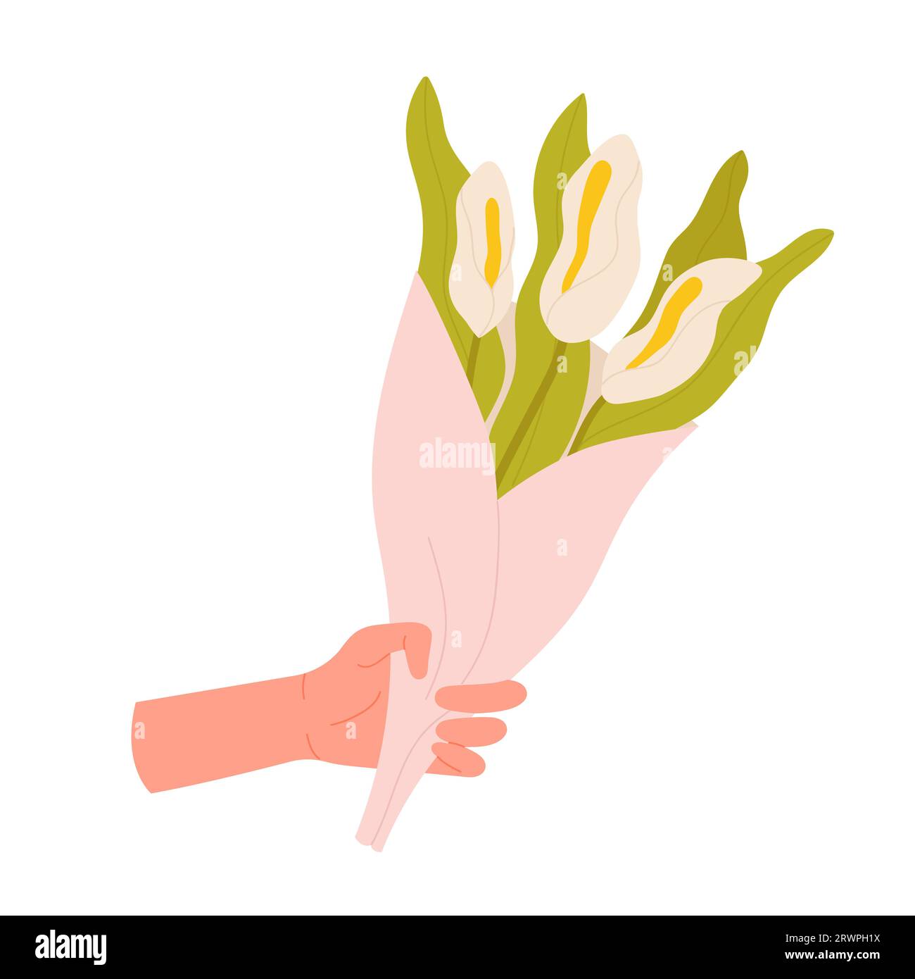 Hand with calla lily bouquet. Giving flowers gift, beautiful botanicals ...