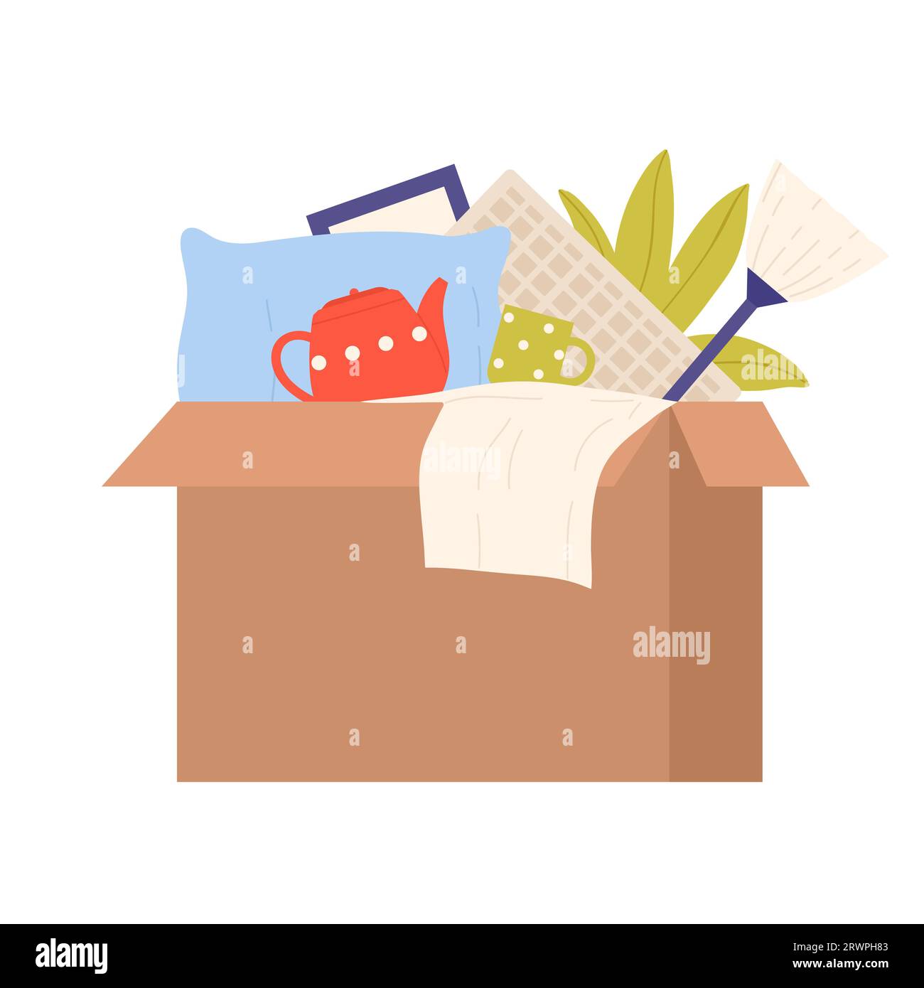 Charity box full of household stuff. Humanitarian help, social care ...