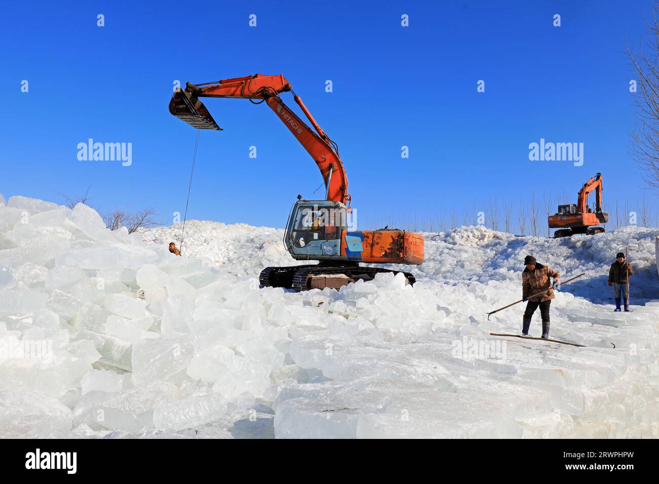 LUANNAN COUNTY, China - January 17, 2022: Farmers are sorting out ice ...