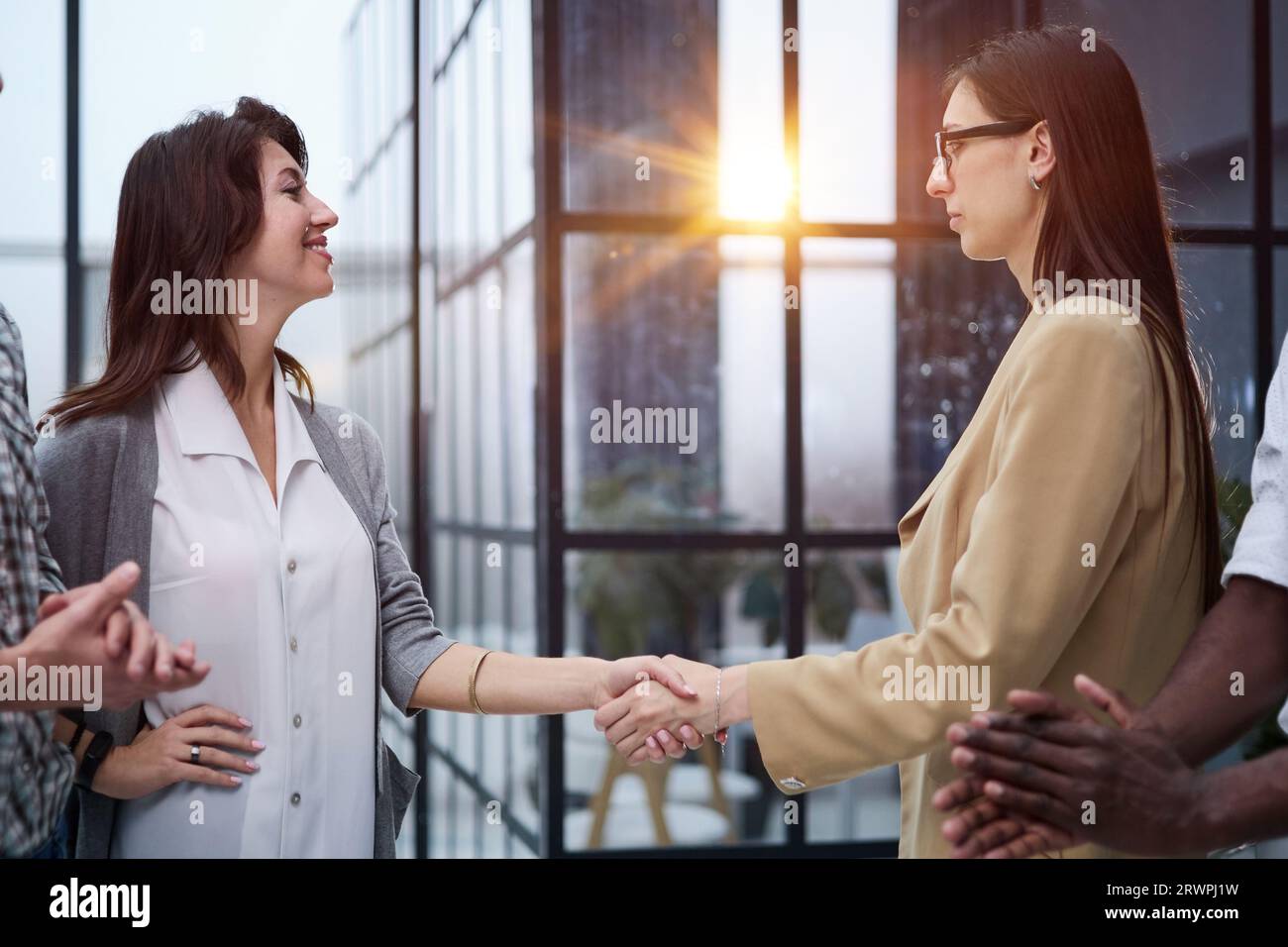 Two professional business people shaking hands in an office lobby Stock ...