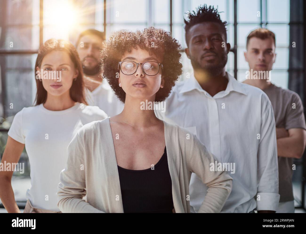 Smiling professional business leaders and employees group team portrait ...