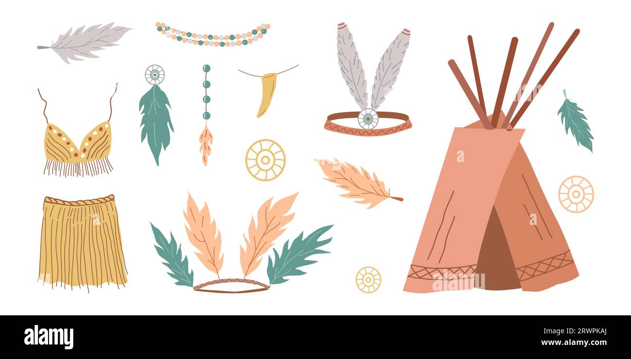 Hand drawn elements, tribal jewelry and feathers. Hats, clothing and ...