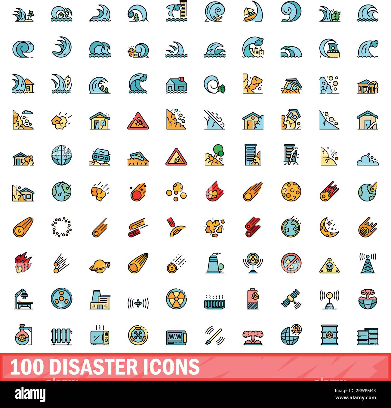 100 disaster icons set. Color line set of disaster vector icons thin line color flat on white ...