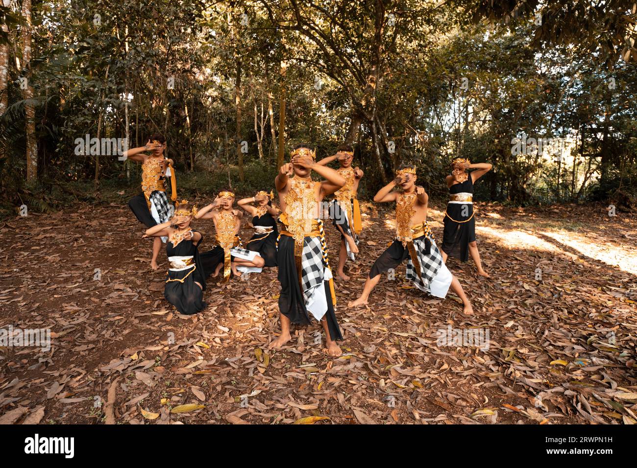 Balinese dancers with golden costumes and stripped pants dance together ...