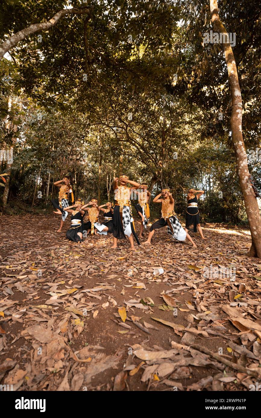 Balinese dancers with golden costumes and stripped pants dance together ...