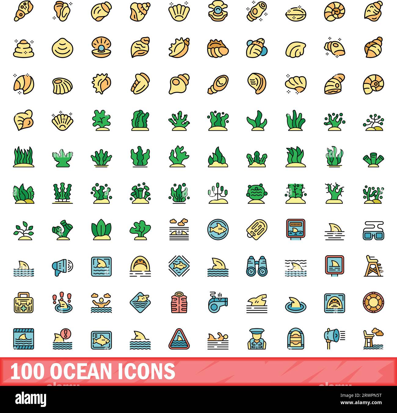 100 ocean icons set. Color line set of ocean vector icons thin line ...