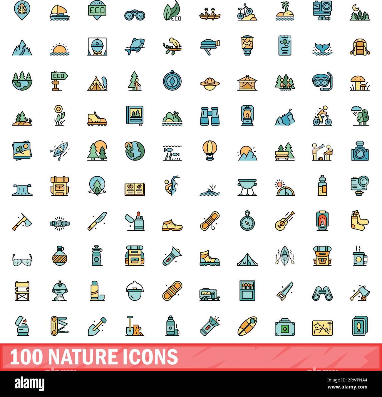 100 nature icons set. Color line set of nature vector icons thin line ...