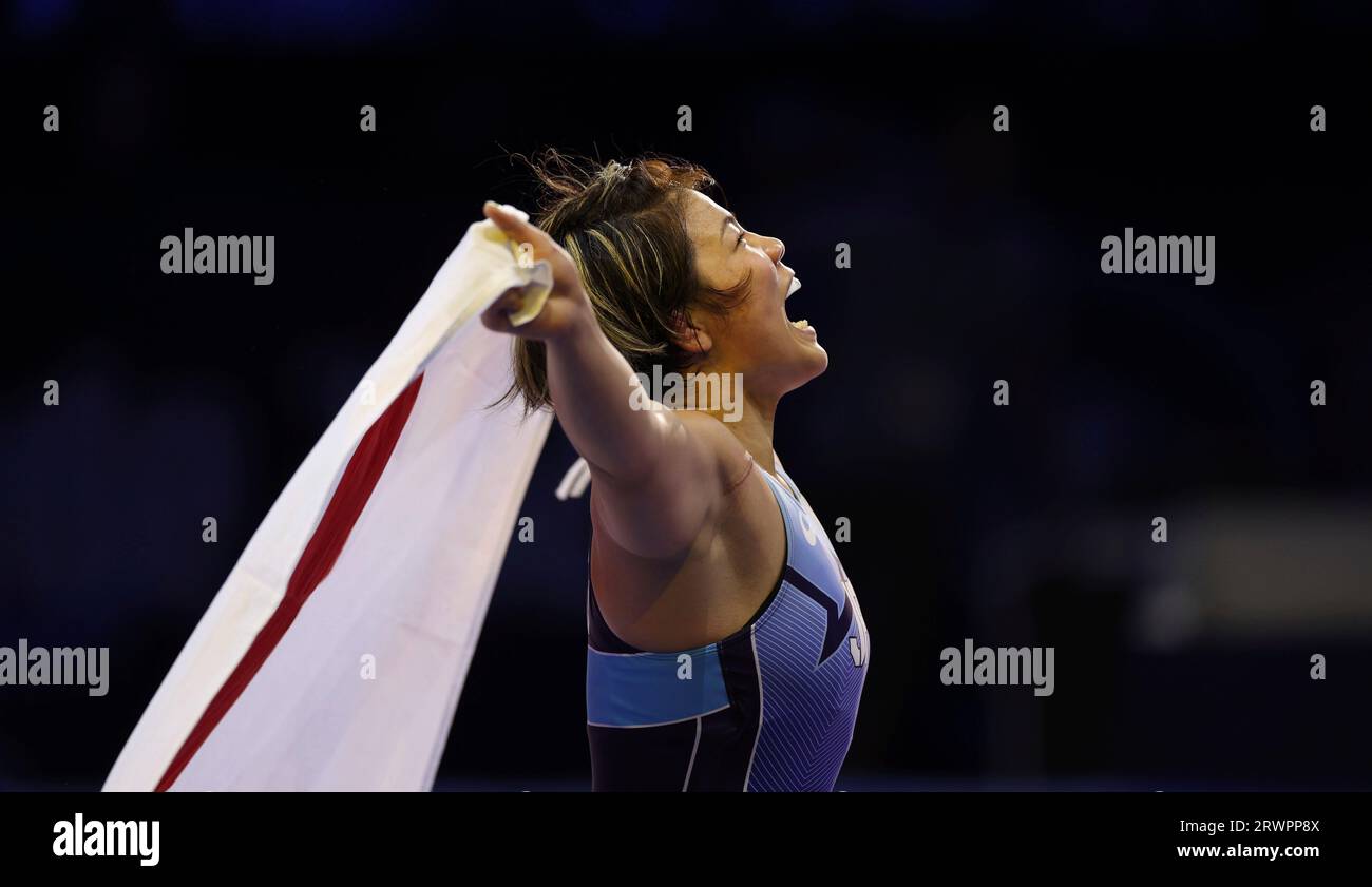 Yuka Kagami of Japan reacts after winning the women's wrestling 76 kg ...