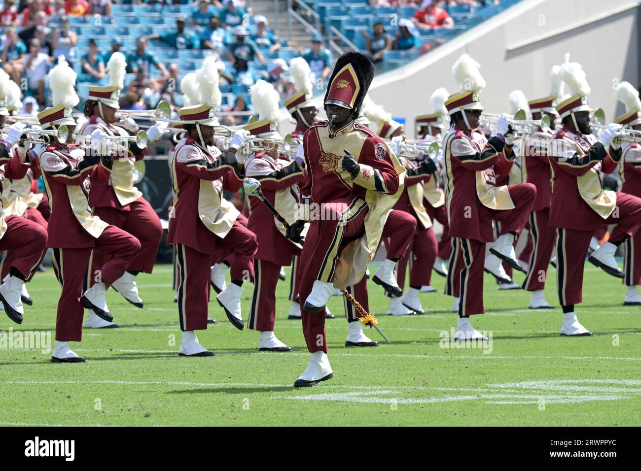 Members of the Bethune Cookman marching band perform during halftime of an NFL football game ...